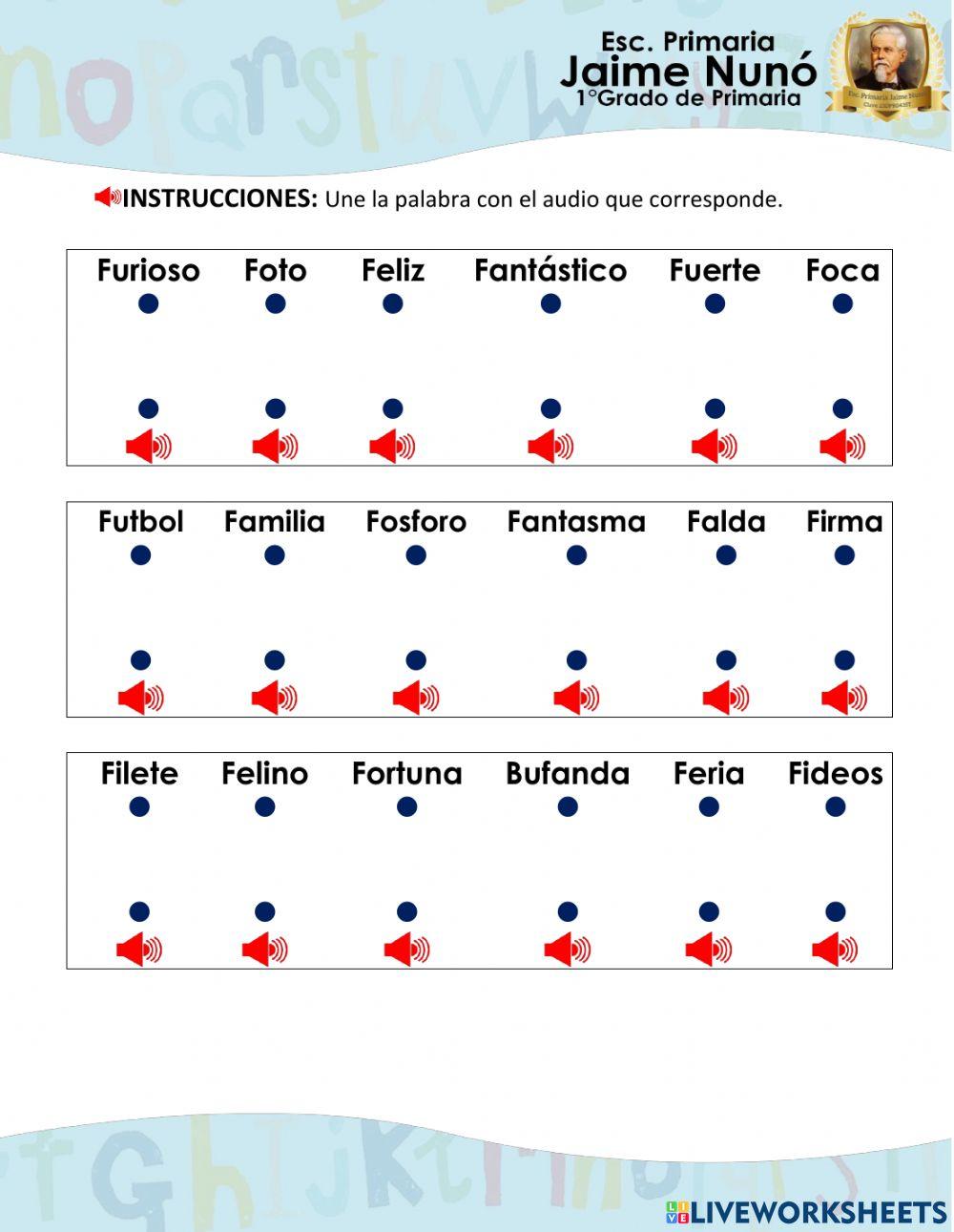 Une el audio con la palabra correcta Letra Ff worksheet | Live Worksheets