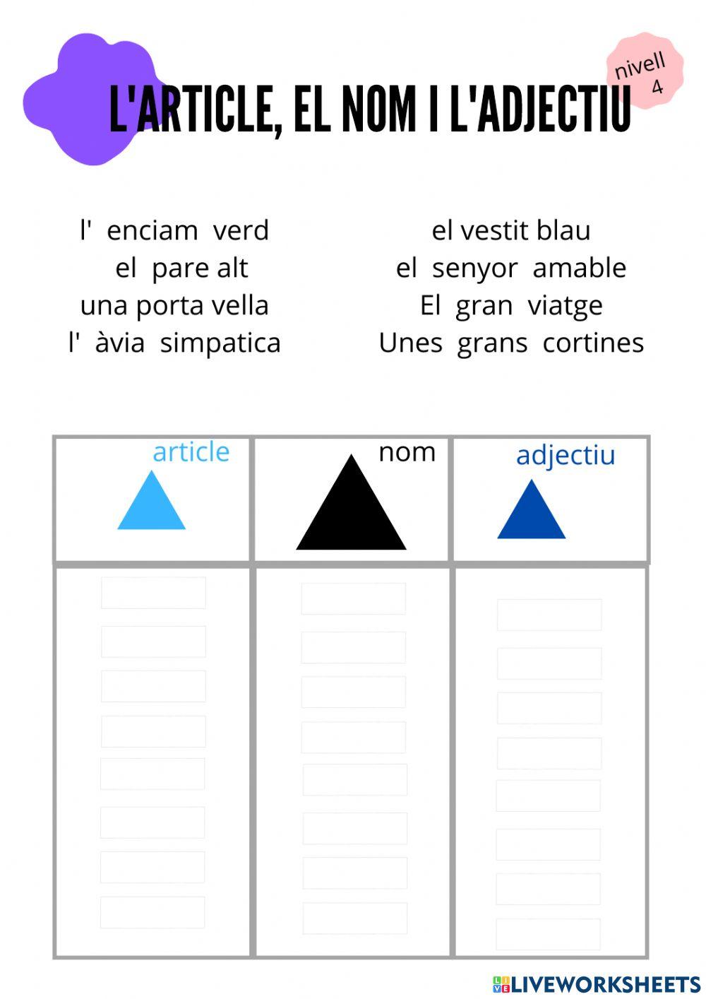 Adjecyiu, nom i article worksheet | Live Worksheets