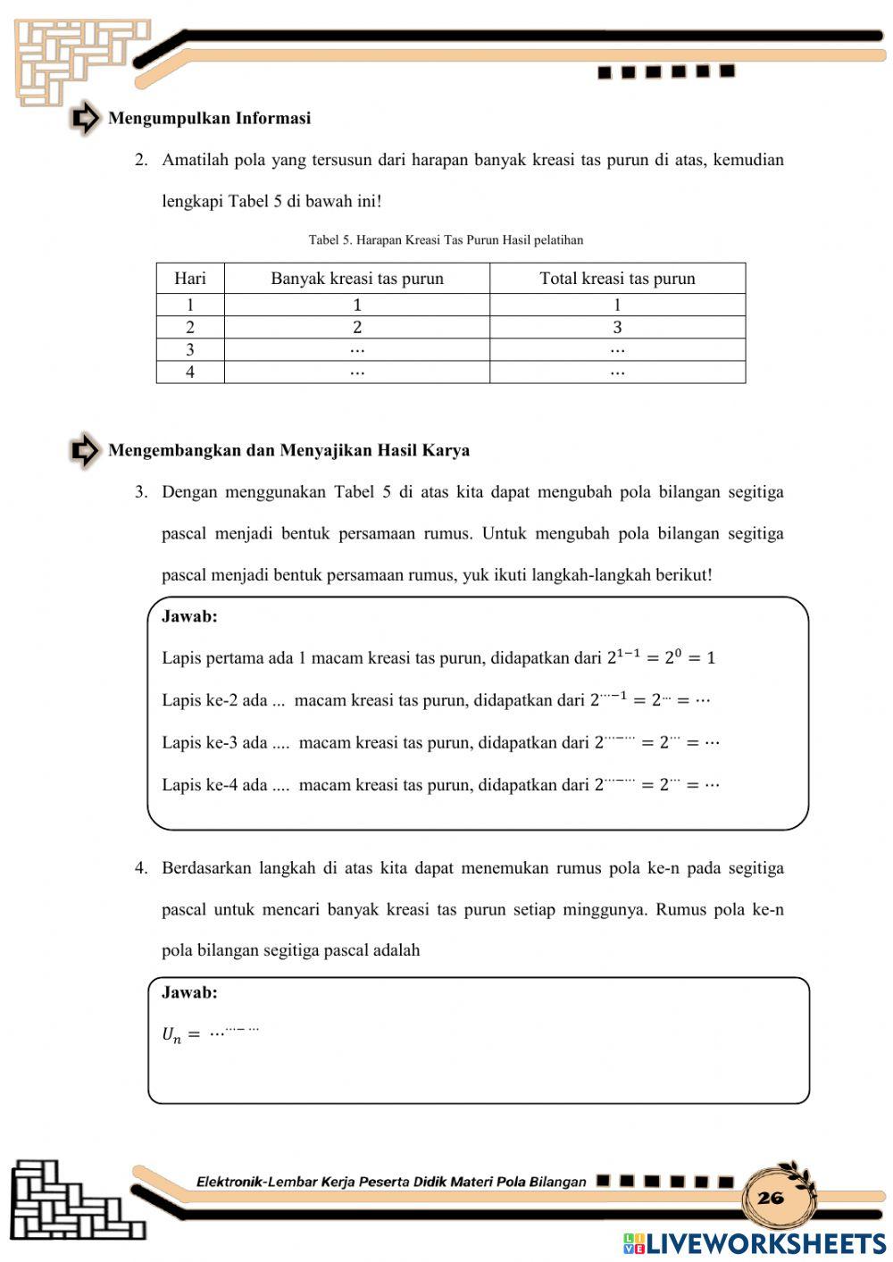 Kegiatan 1 Pola Bilangan Segitiga Pascal worksheet | Live Worksheets