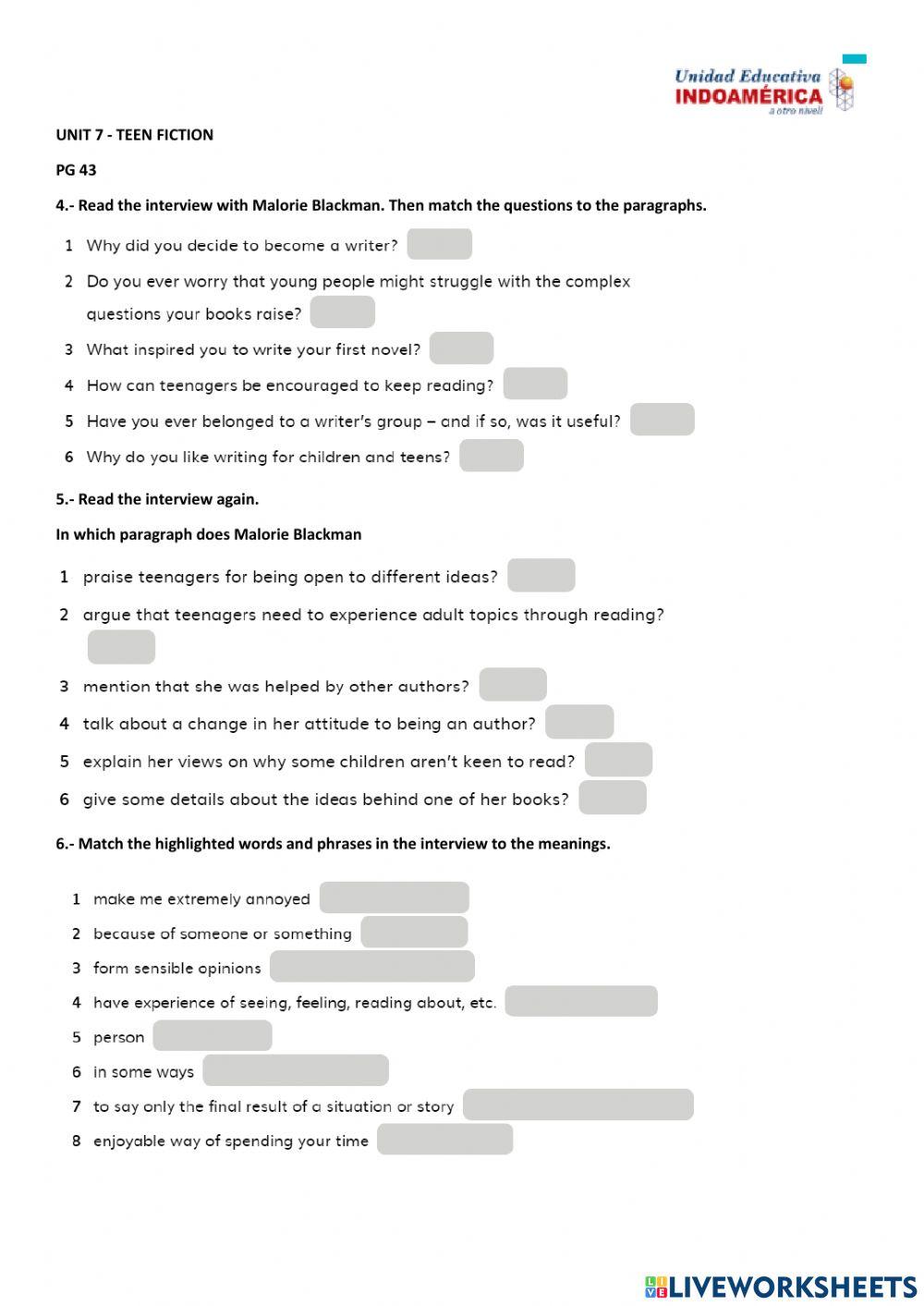 2do -unit 7 pg 43 worksheet | Live Worksheets