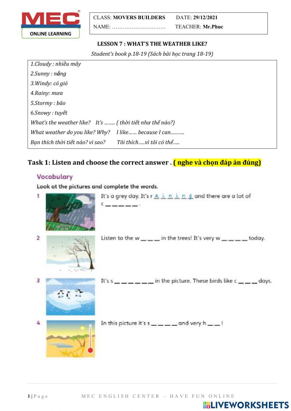 Movers Builders Lesson 7 worksheet | Live Worksheets