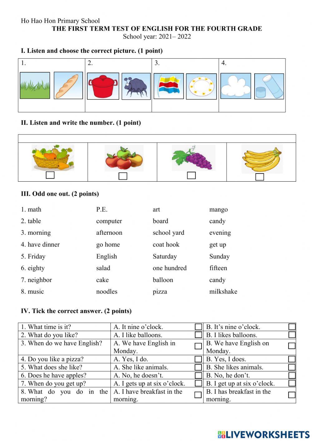 GRADE 4 (THE FIRST TERM TEST) 4257687 | phuonghohaohon