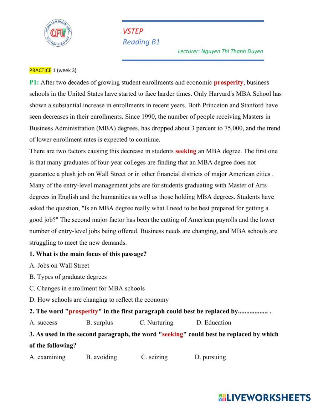 Vstep B1 reading week 3 p2 online exercise for | Live Worksheets