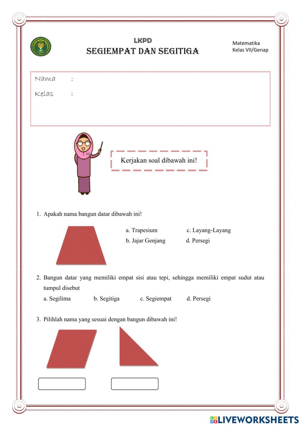 Percobaan Segiempat dan Segitiga worksheet | Live Worksheets
