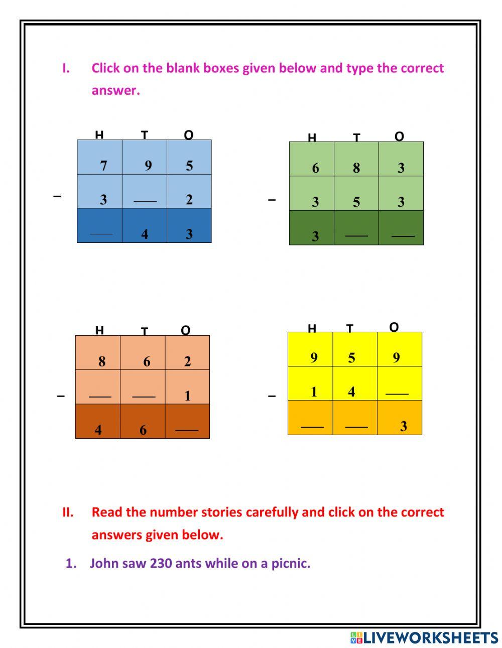 Subtraction of Bigger Numbers online exercise for | Live Worksheets