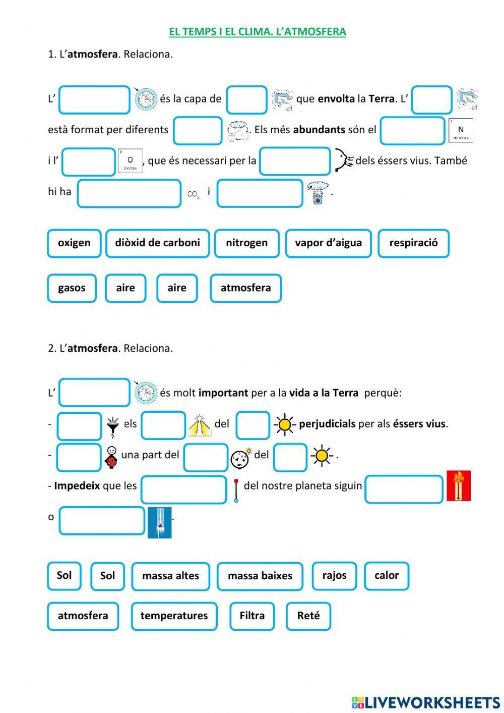 El temps i el clima. L'atmosfera 1 worksheet | Live Worksheets