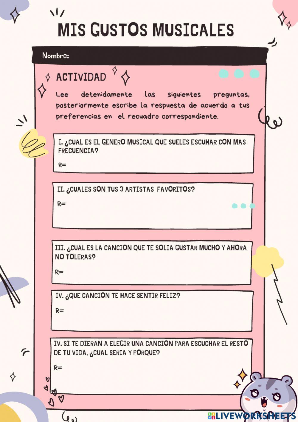 Mis gustos musicales worksheet | Live Worksheets