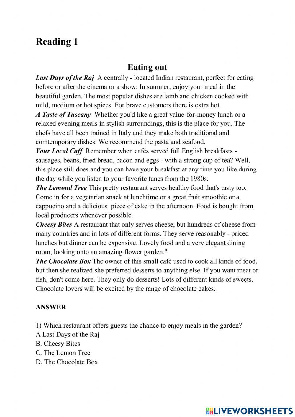 READING ÔN TẬP CUỐI KÌ EHO worksheet | Live Worksheets