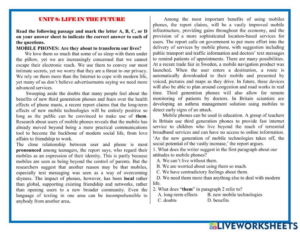 Unit 8 -reading comprehension worksheet | Live Worksheets