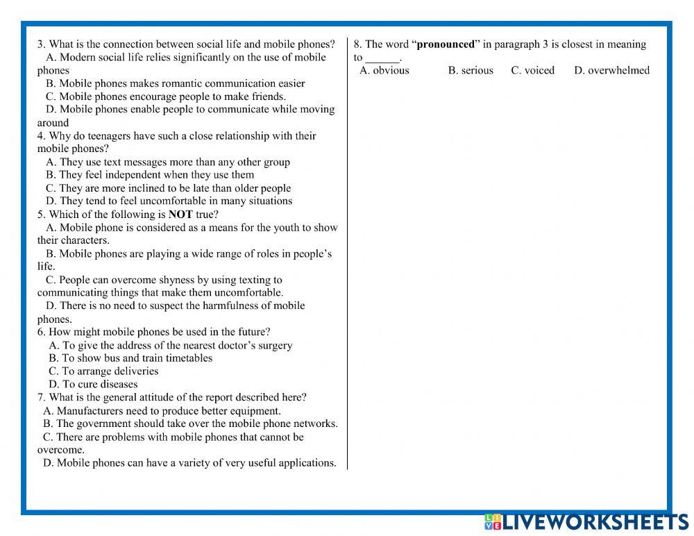 Unit 8 -reading comprehension worksheet | Live Worksheets
