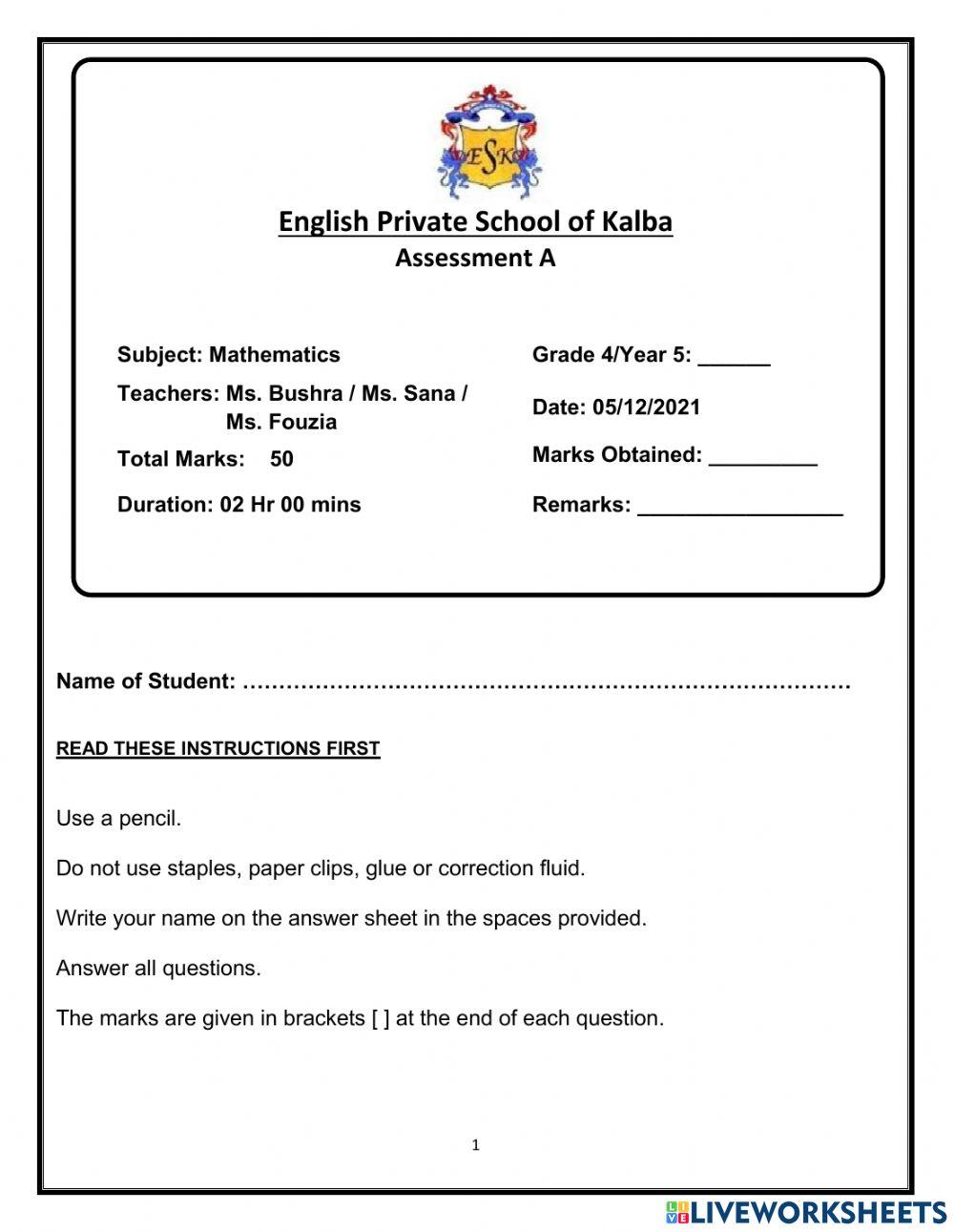 Math Assessment A worksheet | Live Worksheets