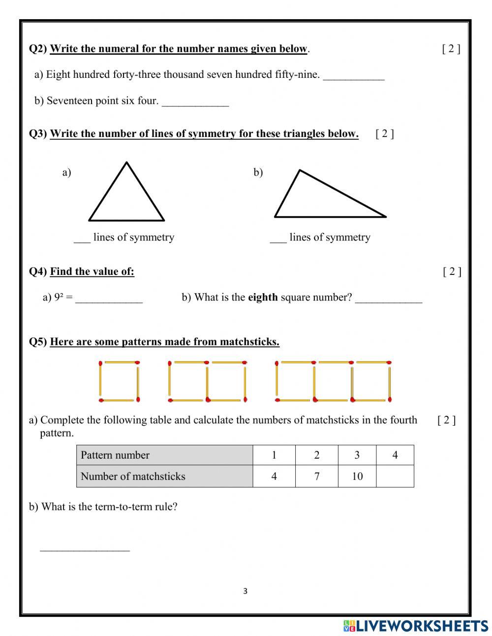 Math Assessment A worksheet | Live Worksheets