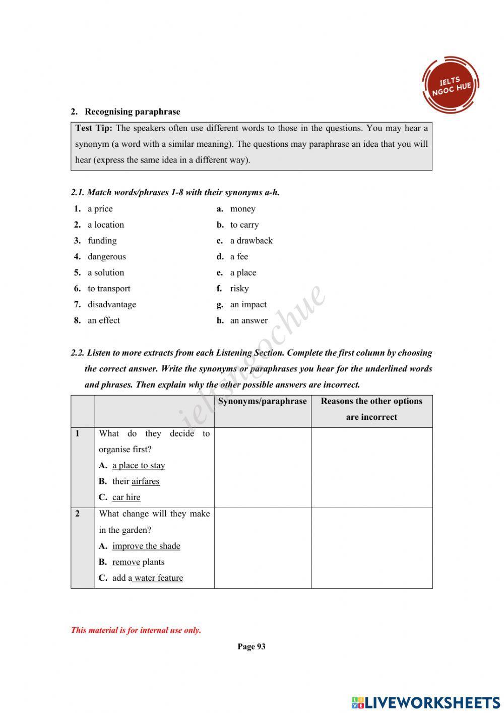 Unit 3 - recognize paraphrase worksheet | Live Worksheets