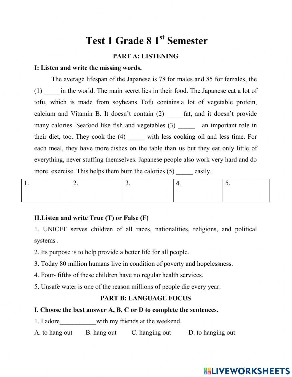 Test 1 Grade 8 … | Free Interactive Worksheets | 2617516