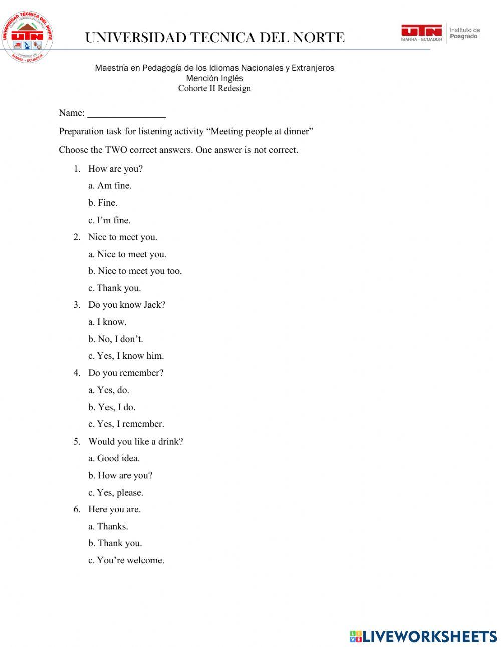 Meeting people at dinner worksheet | Live Worksheets
