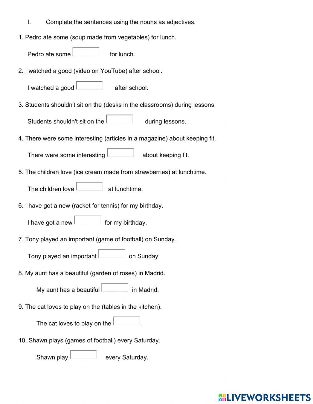nouns as adjectives 0416 | MJMA297 | Live Worksheets