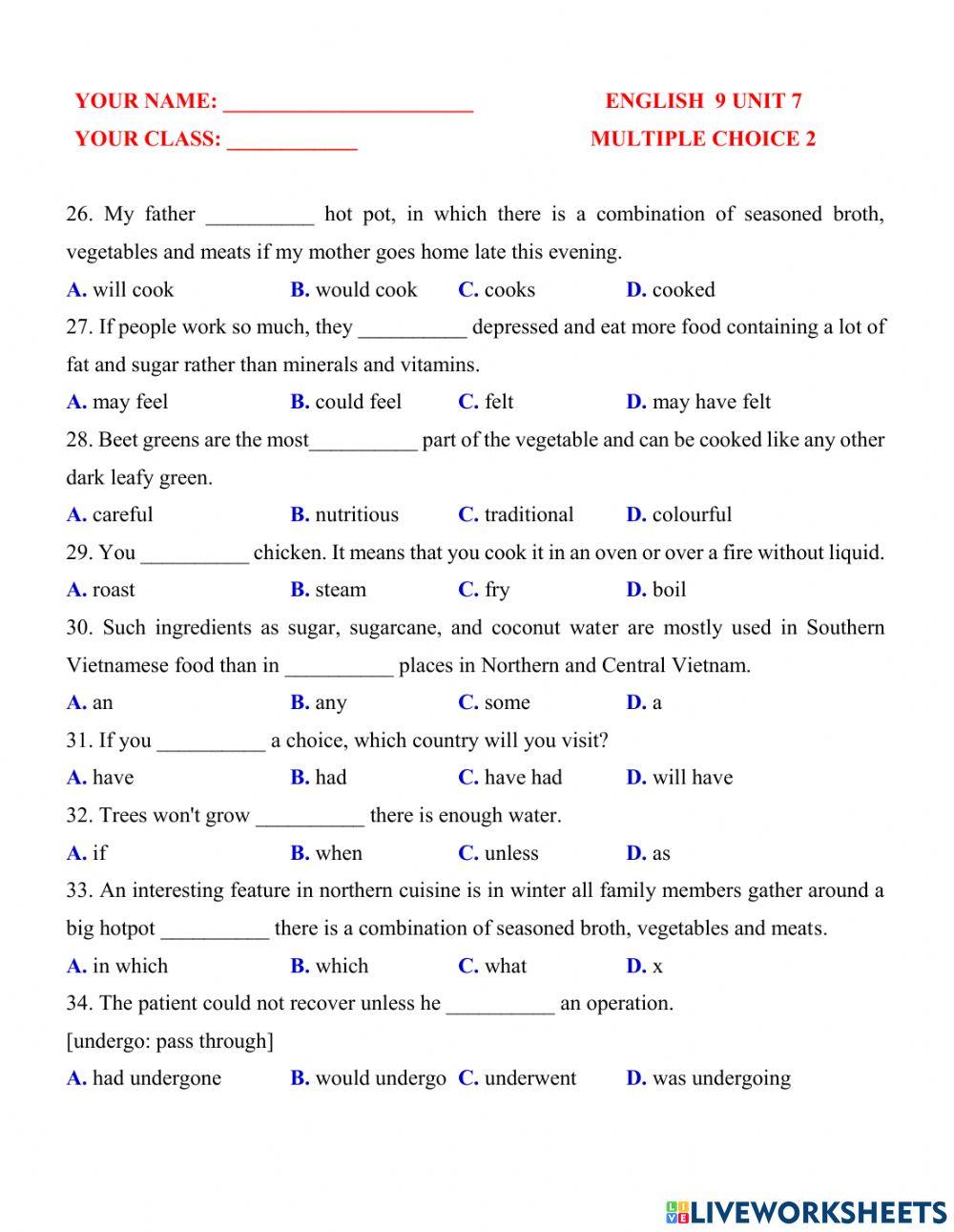 English 9 unit 7 multiple choice 2 worksheet | Live Worksheets