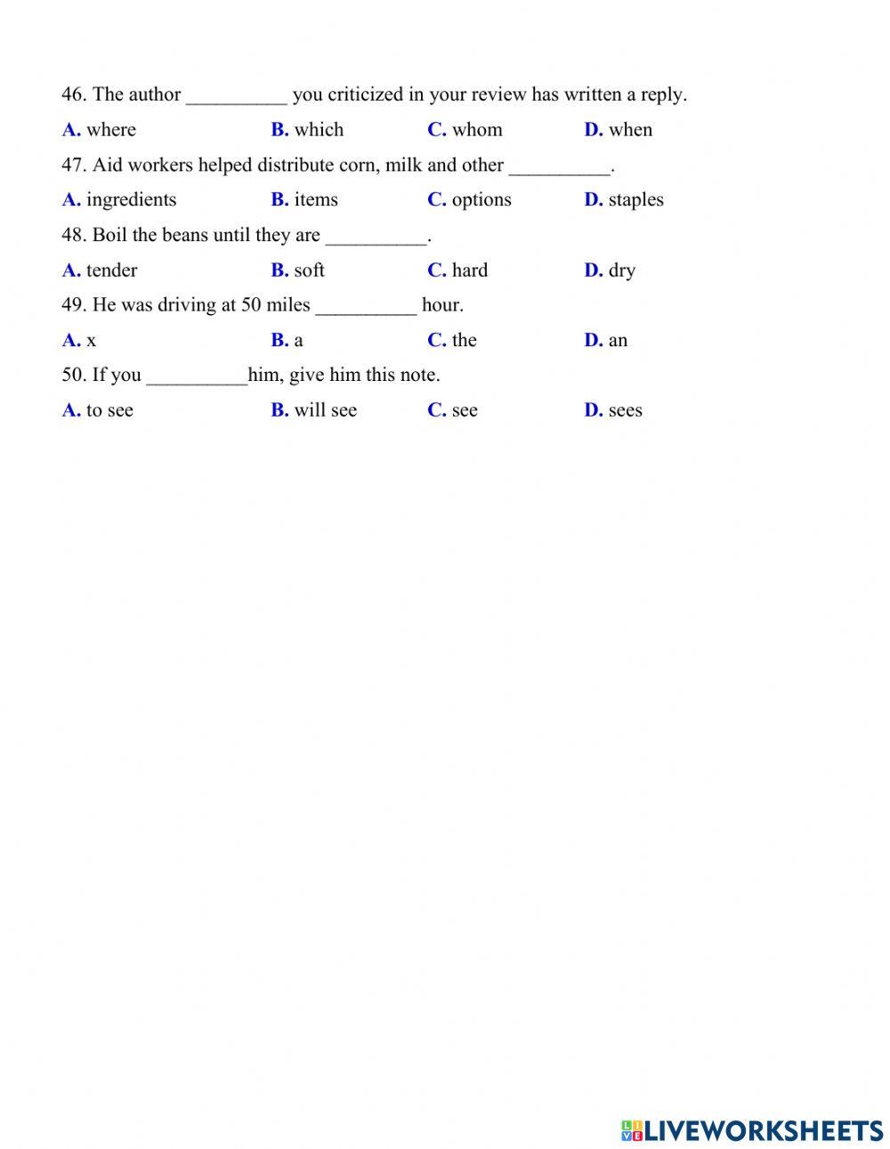 English 9 unit 7 multiple choice 2 worksheet | Live Worksheets