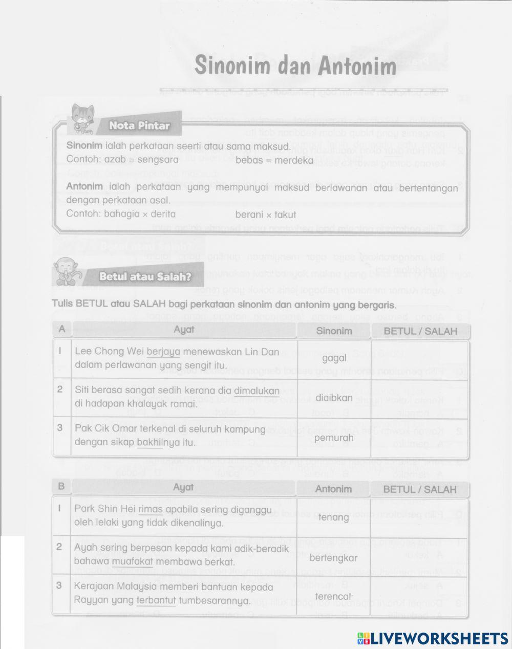 Sinonim Dan Antonim | Live Worksheets