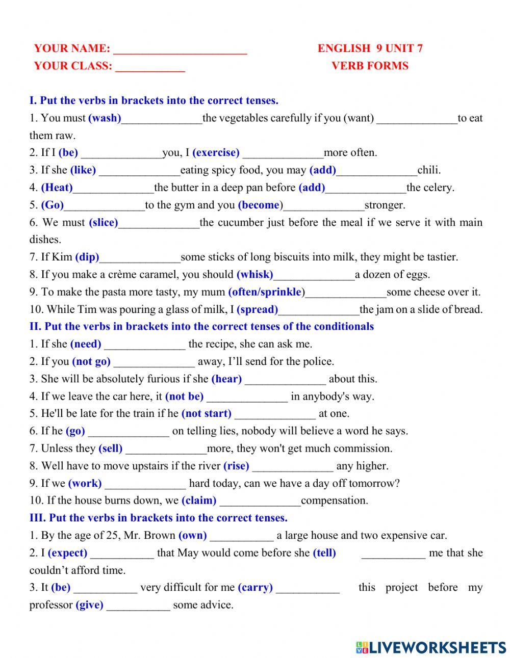 English 9 unit 7 verb form worksheet | Live Worksheets