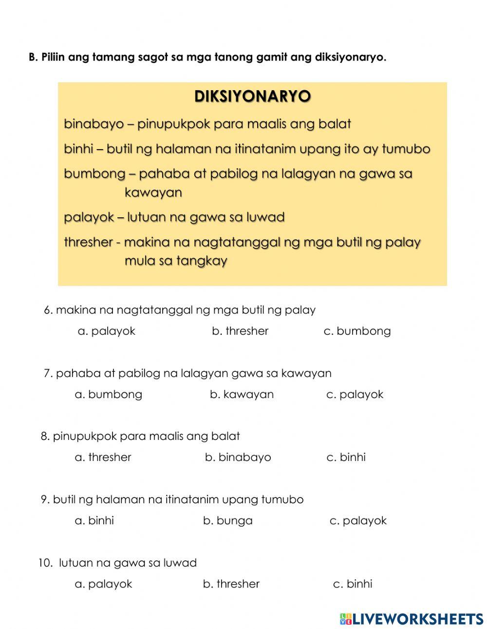 Paggamit ng Diksiyonaryo online exercise for | Live Worksheets