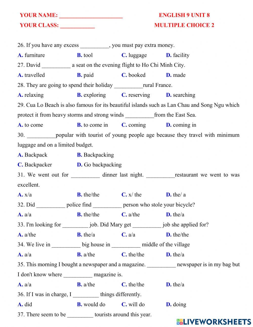 English 9 unit 8 multipe choice 2 worksheet | Live Worksheets