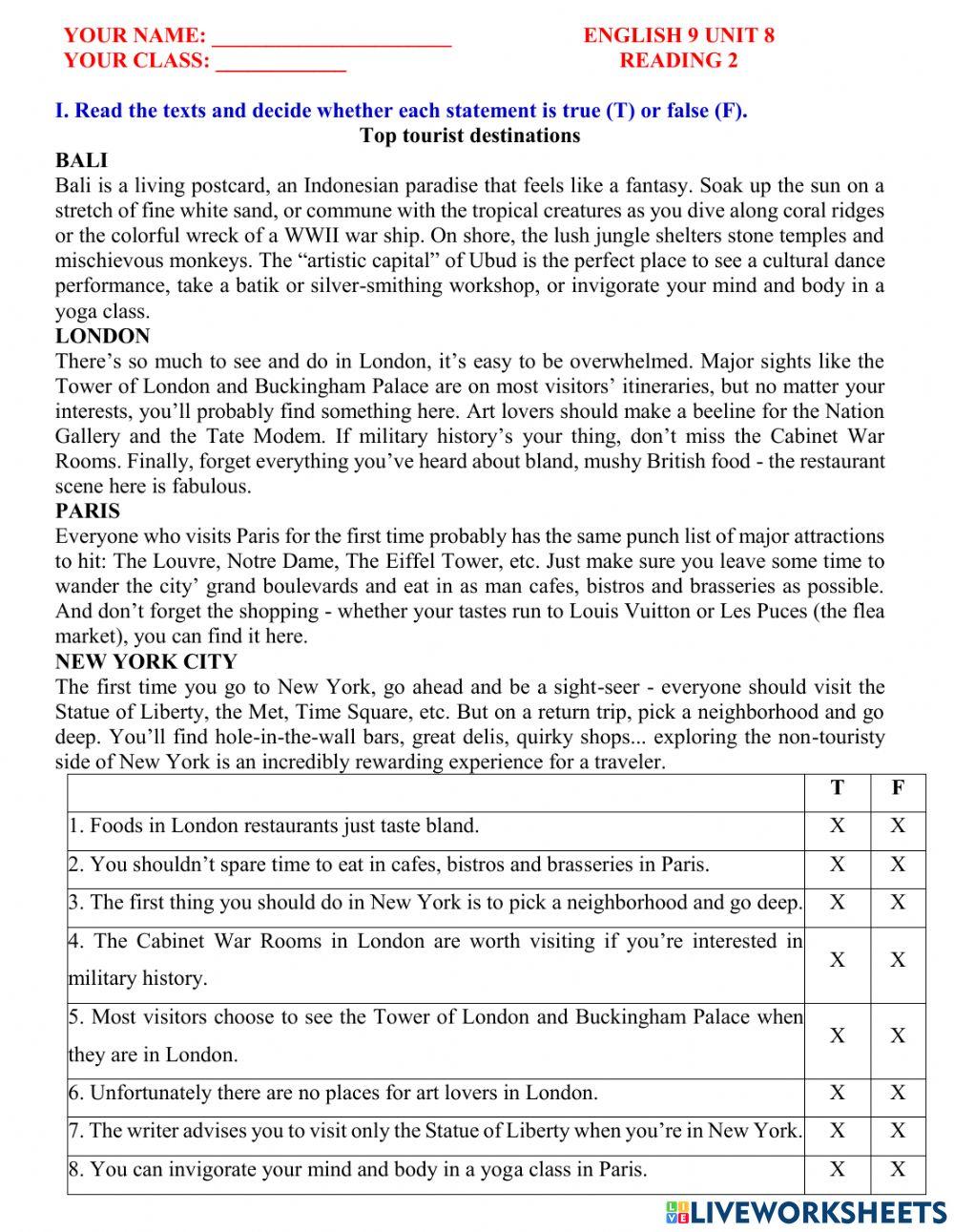 Engish 9 unit 8 reading 1 worksheet | Live Worksheets
