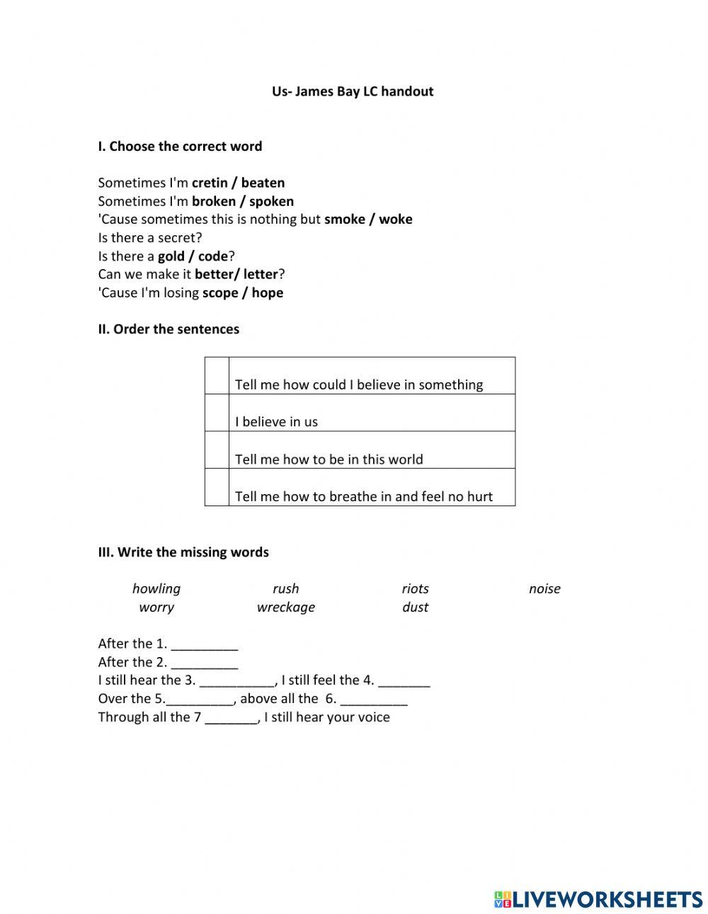 Us - James Bay worksheet | Live Worksheets