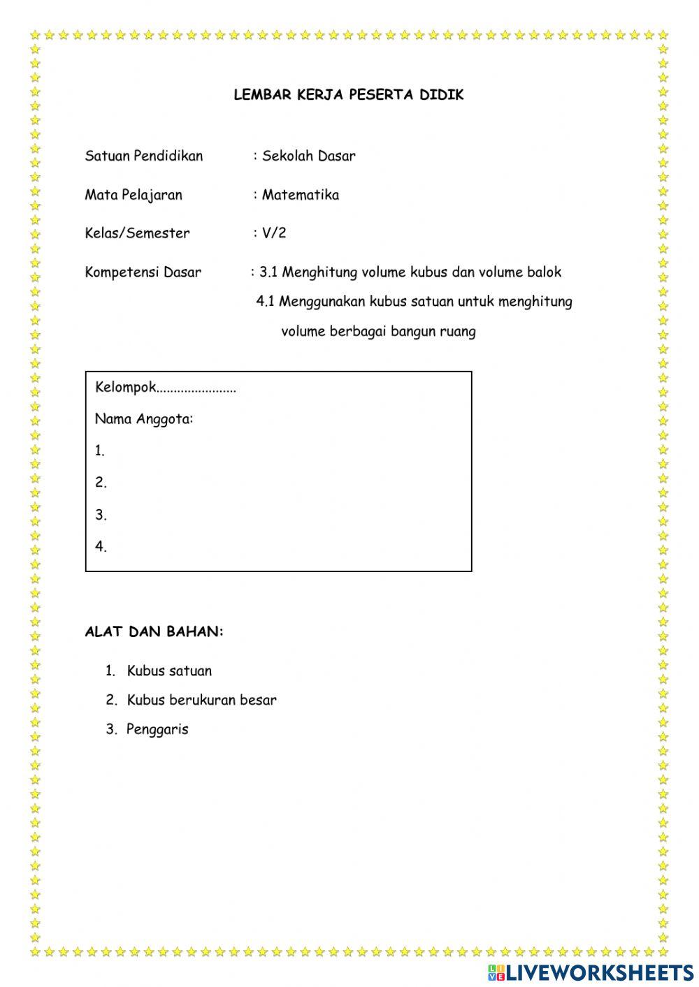 Lkpd matematika volume balok dan kubus worksheet | Live Worksheets