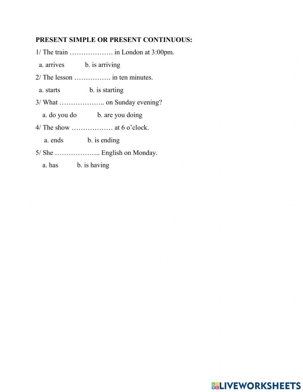 Present simple or present continuous interactive worksheet for 6 | Live ...