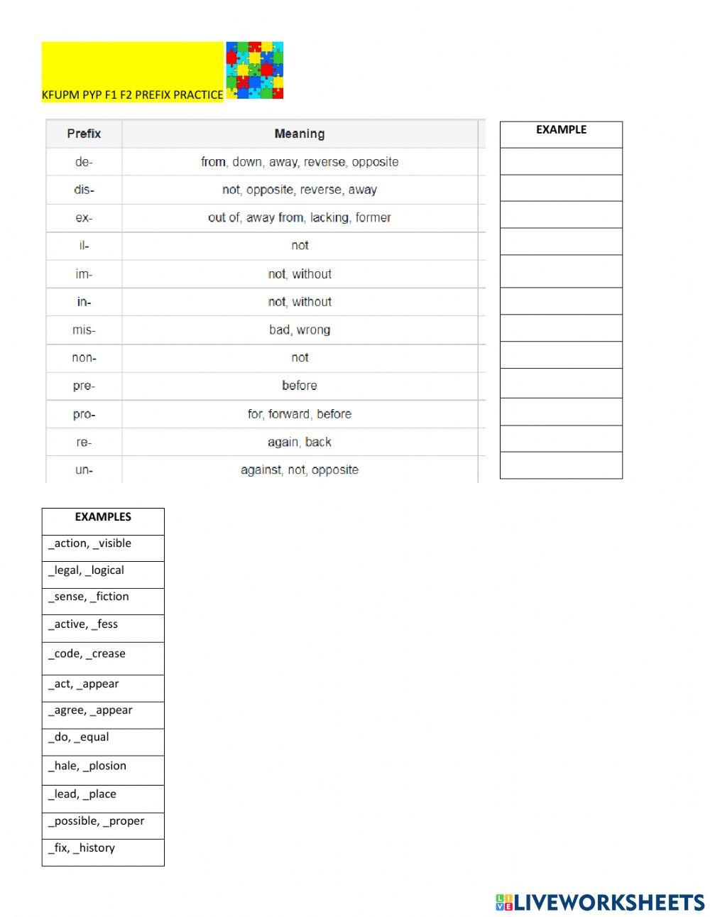 Kfupm pyp prefix practice worksheet | Live Worksheets