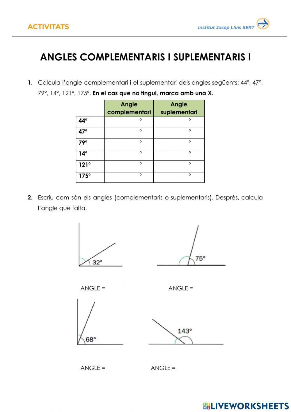 Angles complementaris i suplementaris I interactive worksheet | Live Worksheets