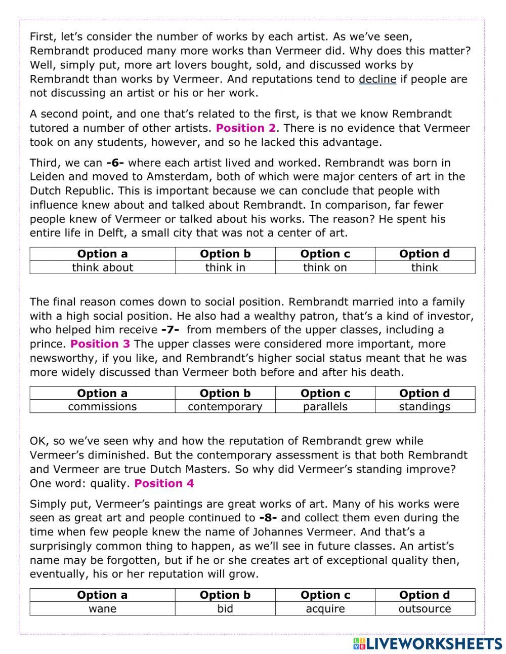 The art of reputation worksheet | Live Worksheets