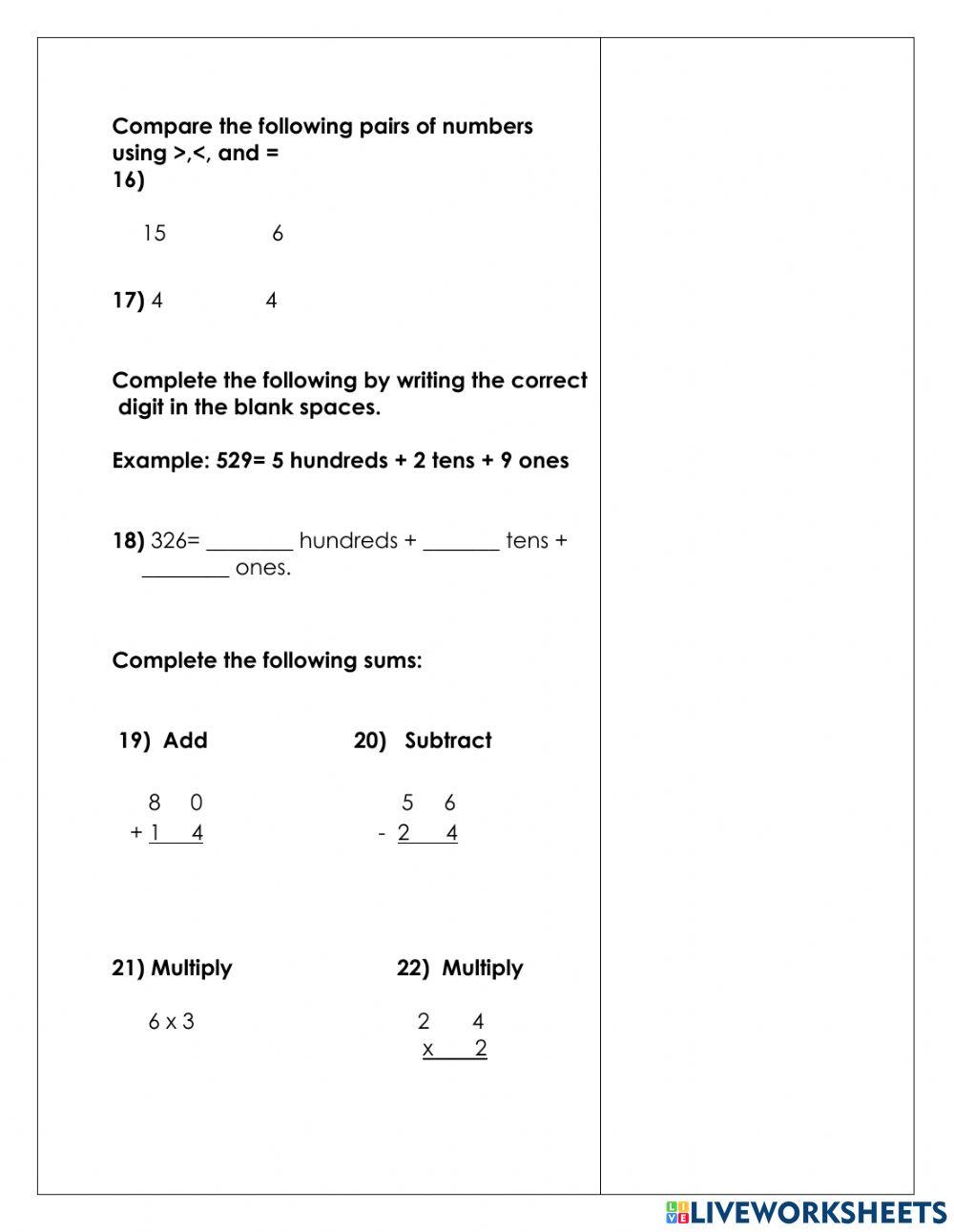 Mathematics Test -Class 1 2020- 2021 online exercise for | Live Worksheets