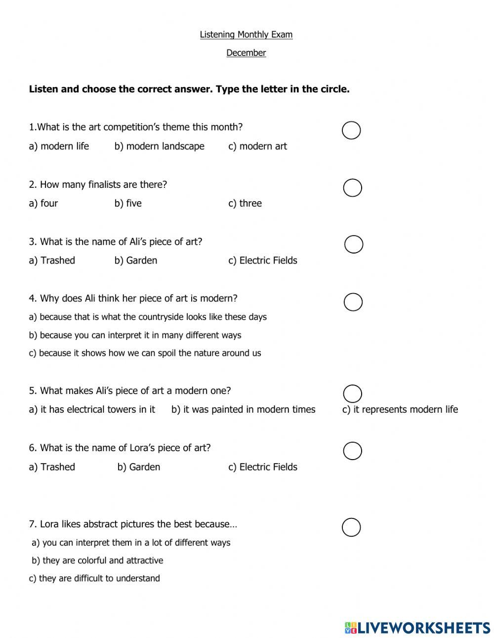 Unit 3 Listening Exam 1710495 | Elaine | Live Worksheets