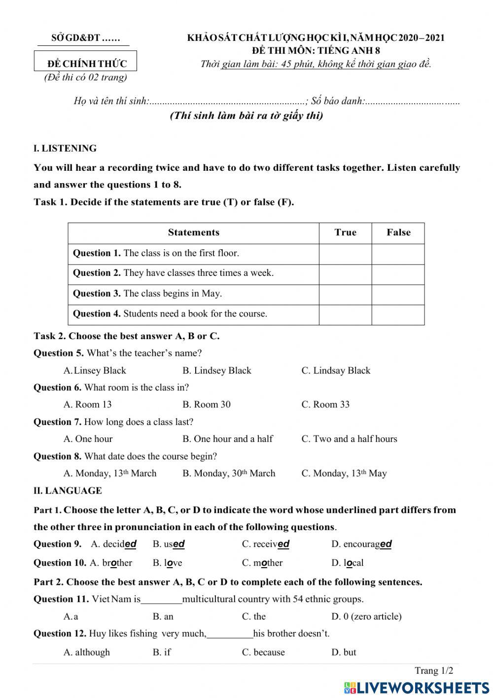 E8-bd-test 1st term-1 worksheet | Live Worksheets