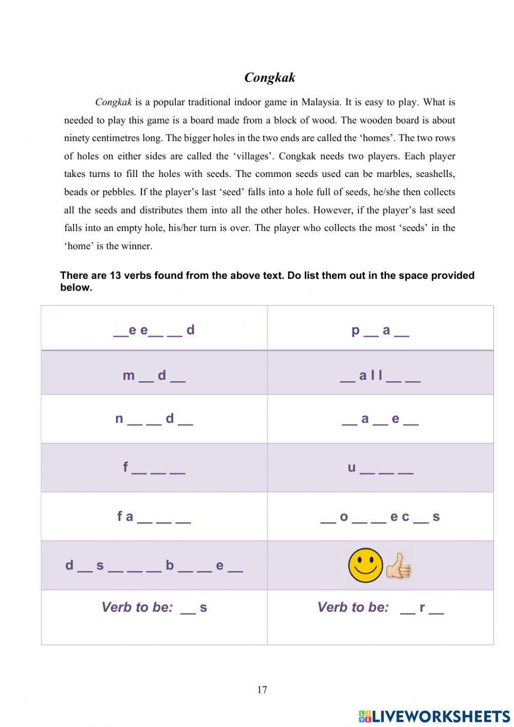 Verbs Identification - Congkak text online exercise for | Live Worksheets