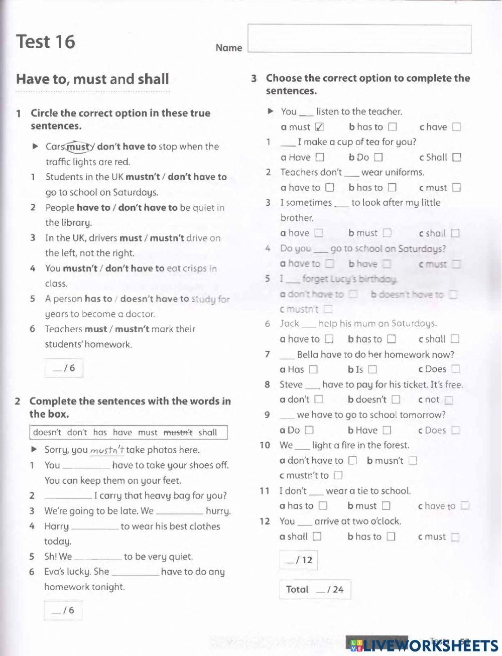 Test 16 have to must shall worksheet | Live Worksheets