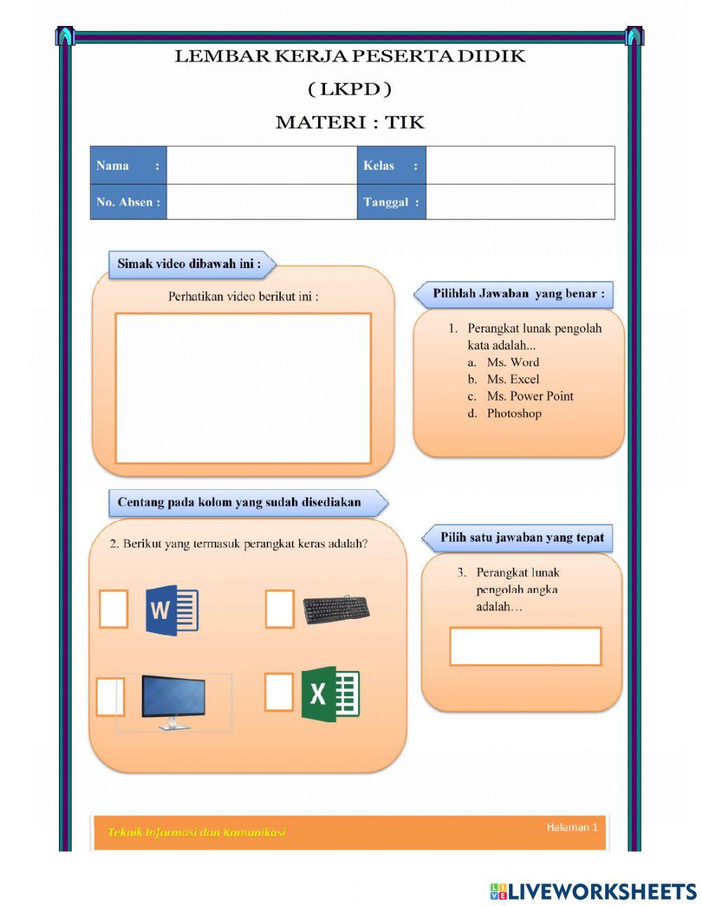 Pembelajaran TIK worksheet | Live Worksheets