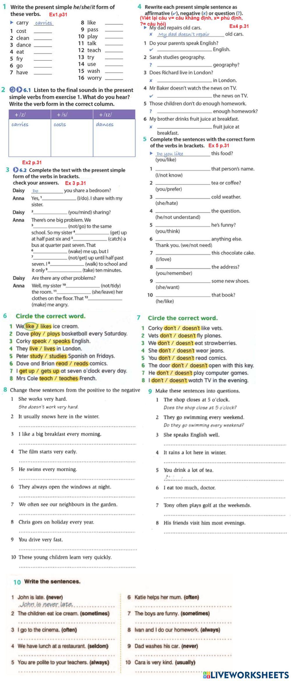 Present simple online exercise for grade 6 | Live Worksheets