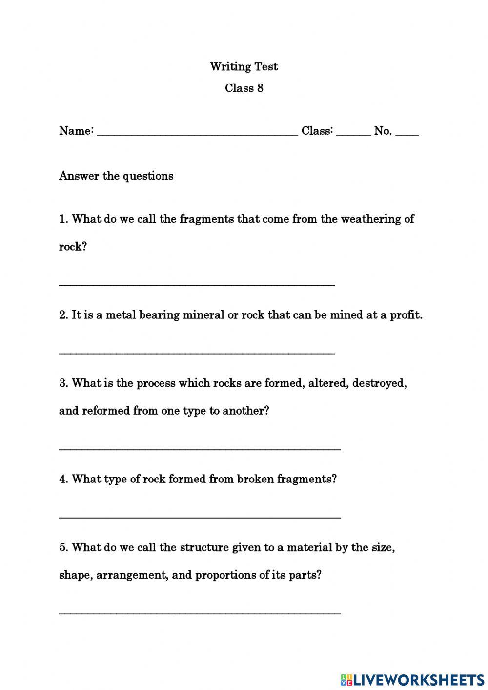 WRITING TEST CLASS 8 online exercise for | Live Worksheets