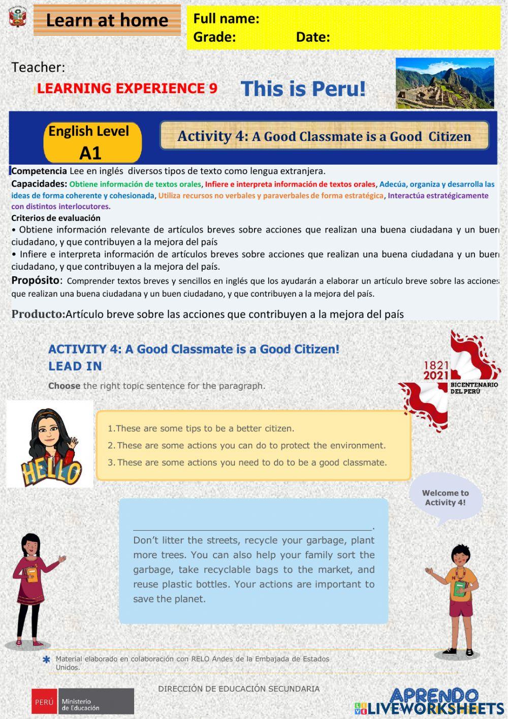 This is Peru - Activity N°4: A good classmates is a good citizen week ...