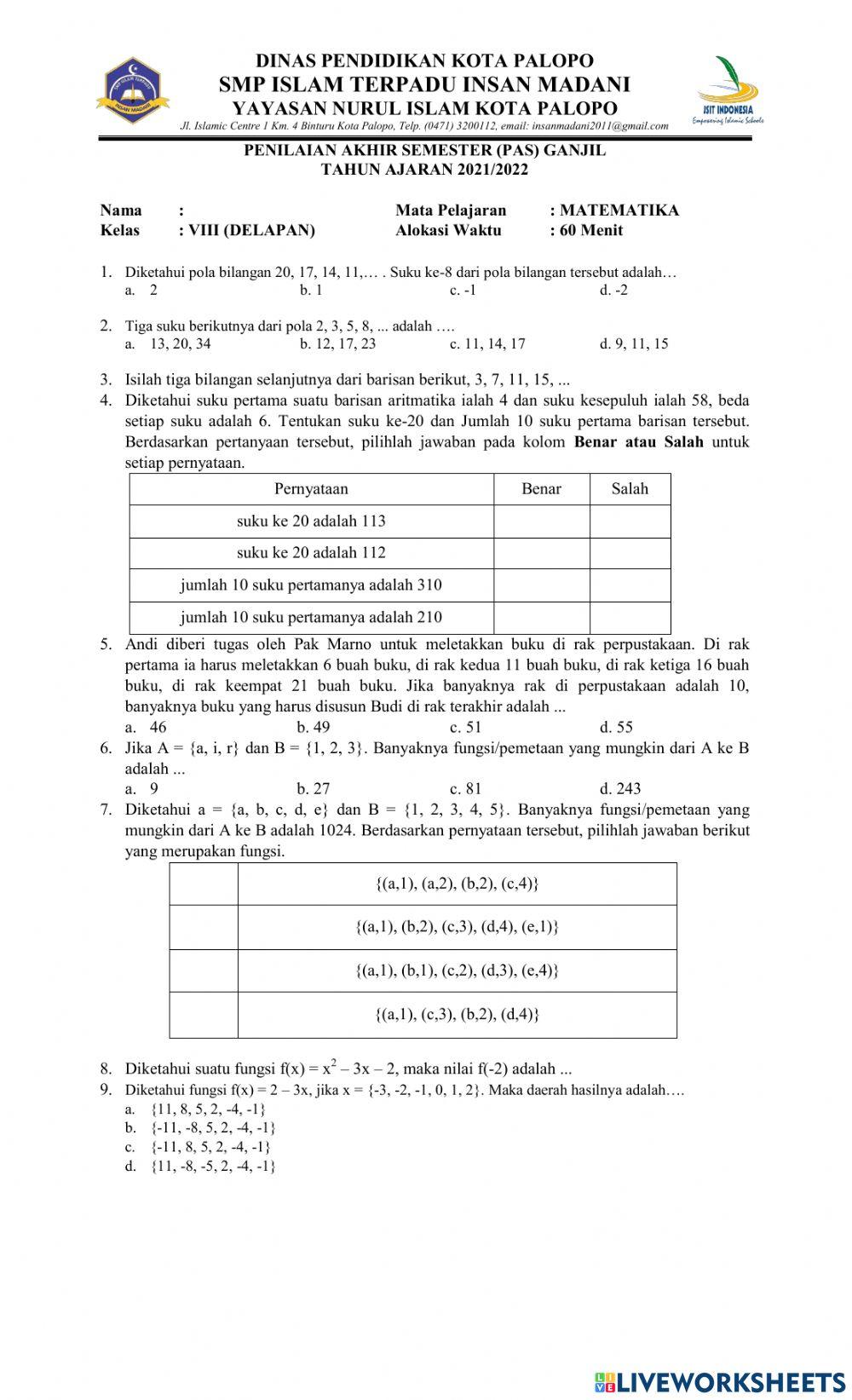 Pas Mtk Kelas 8 worksheet | Live Worksheets