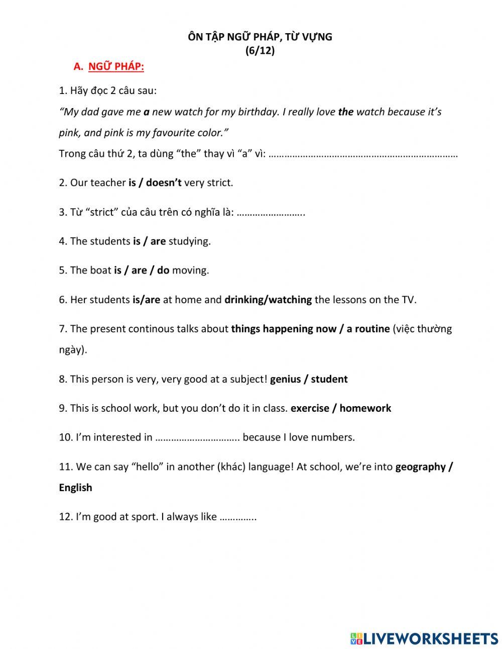 Grammar and New Words Test (December 6th) online exercise for | Live ...