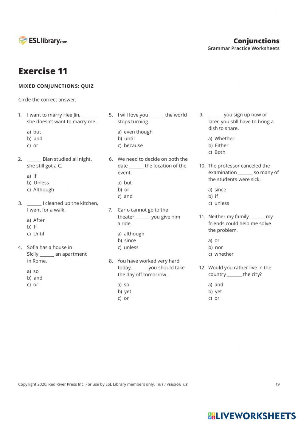 Conjunctions Homework online exercise for | Live Worksheets