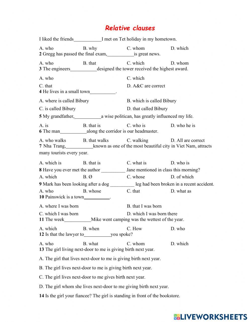 Relative clauses online exercise for 9 | Live Worksheets