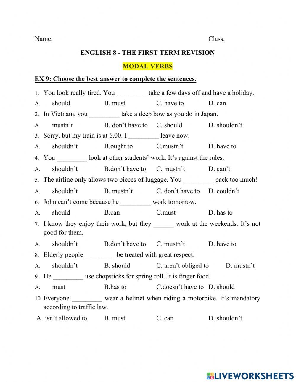 4106923 | ENGLISH 8 - MODEL VERBS | nhatlth