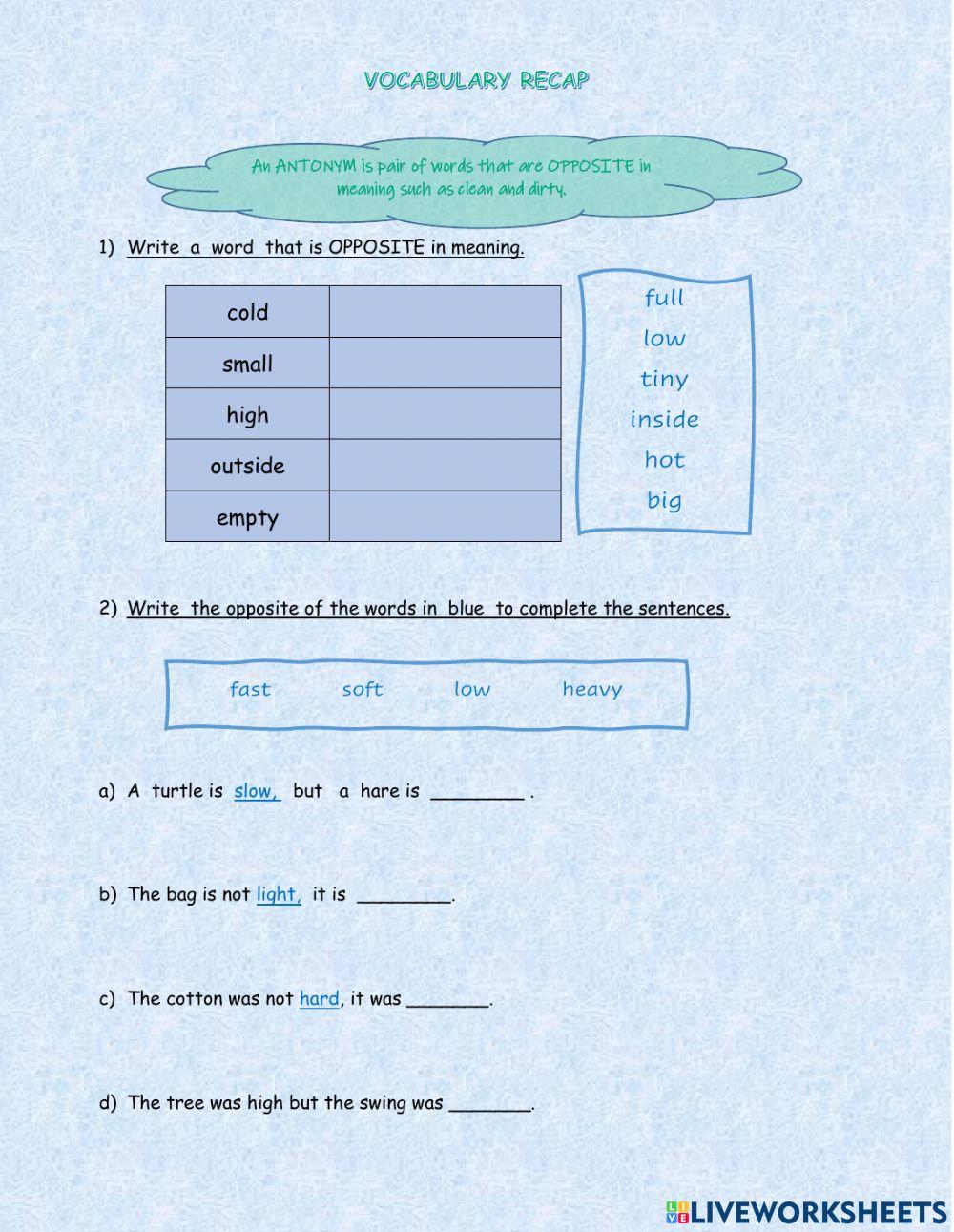 Vocabulary Recap | Free Interactive Worksheets | 1712444