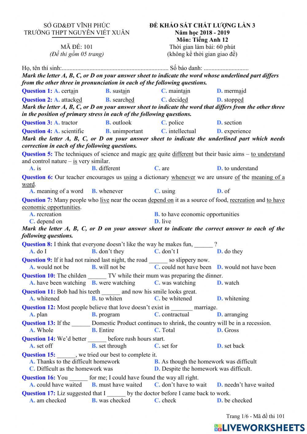 1712477 | Trial test | Vân Thùy | LiveWorksheets