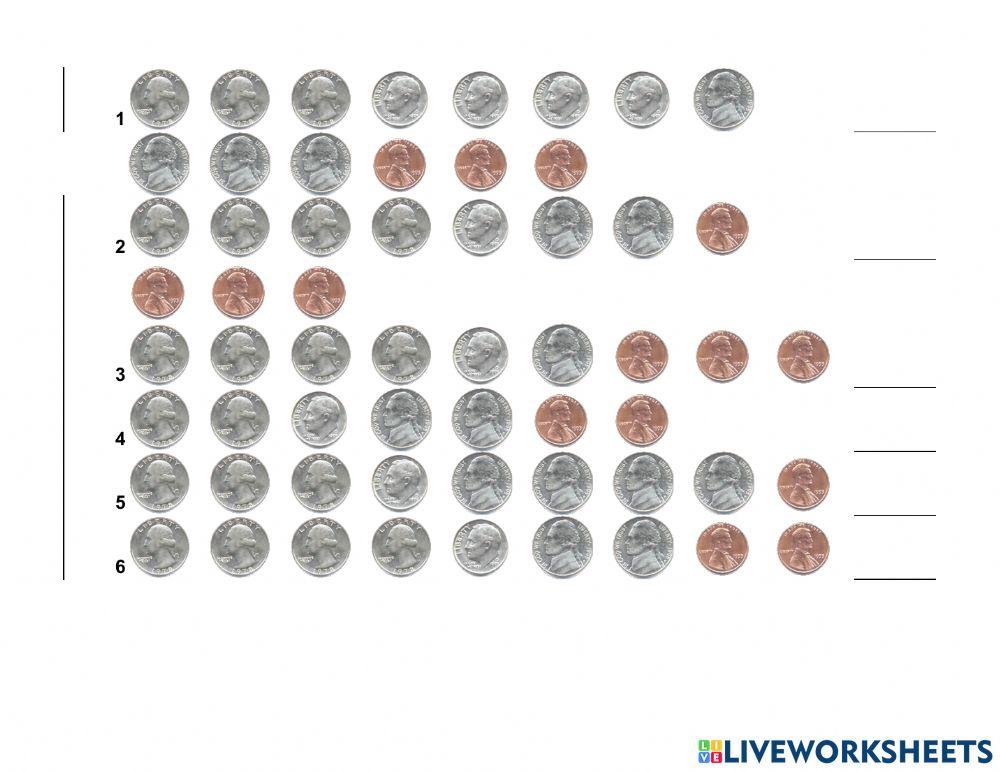 Counting Money .01-.25 x 4 worksheet | Live Worksheets